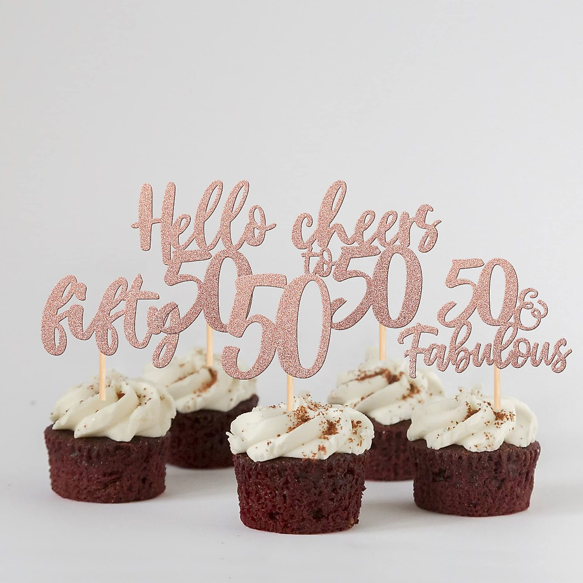 30PCS 50th Birthday Cupcake Toppers Glitter Fifty Hello 50 Cupcake Picks Cheers to 50 Fabulous Cake Decoration for Happy 50th Birthday Wedding Anniversary Party Decorations Supplies Rose Gold