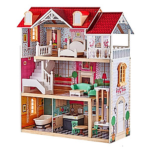 TOP BRIGHT Wooden Dollhouse for Toddlers Dream Doll House for 3+ Year Old