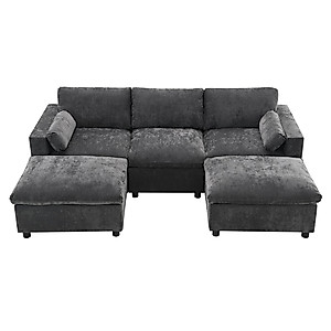 Merax 86.5" Sectional Sofa with Storage Pockets & Removable Ottomans, 5 Seat U Shaped Sleeper Cloud Couch Set, Convertible L-Shaped Chenille Upholstered SofaBed for Living Room and Apartment, Black