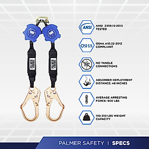 Palmer Safety Fall Protection SRL121122T Twin SRL 6' Lightweight Web with Rebar Hooks