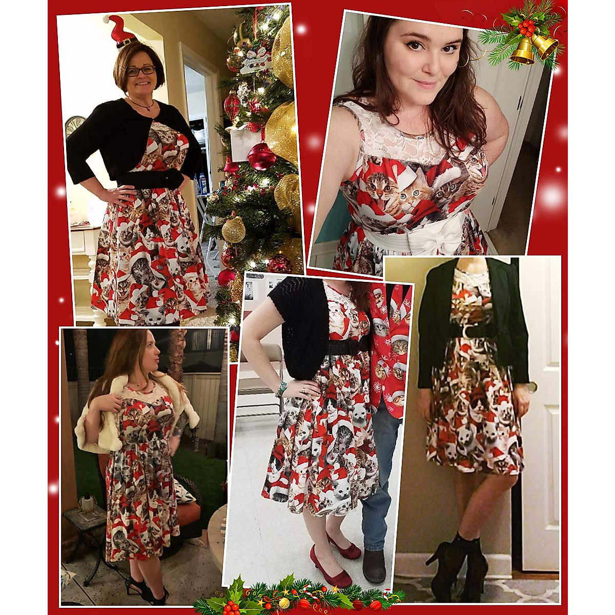 UNIFACO Women Plus Size Christmas Dress Sleeveless High Waist Lace Round Neck Funny Color Bulb Print Flared Swing Aline Black Dress