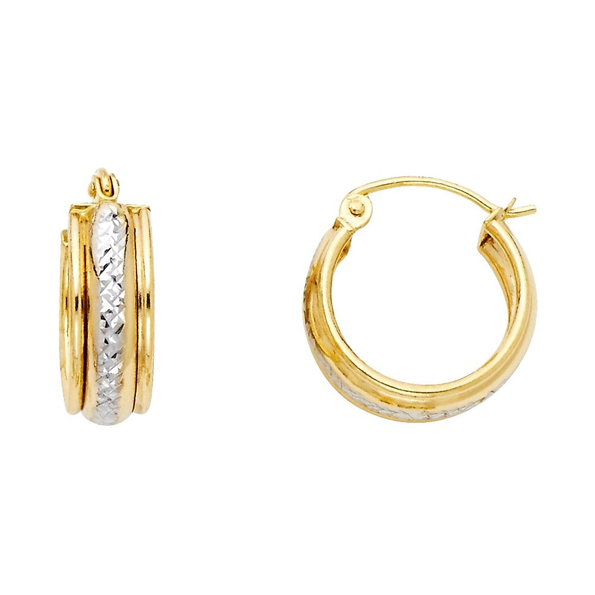 14k REAL Two Tone Gold 6mm Thickness Huggie Hoop Earrings (15mm Diameter)