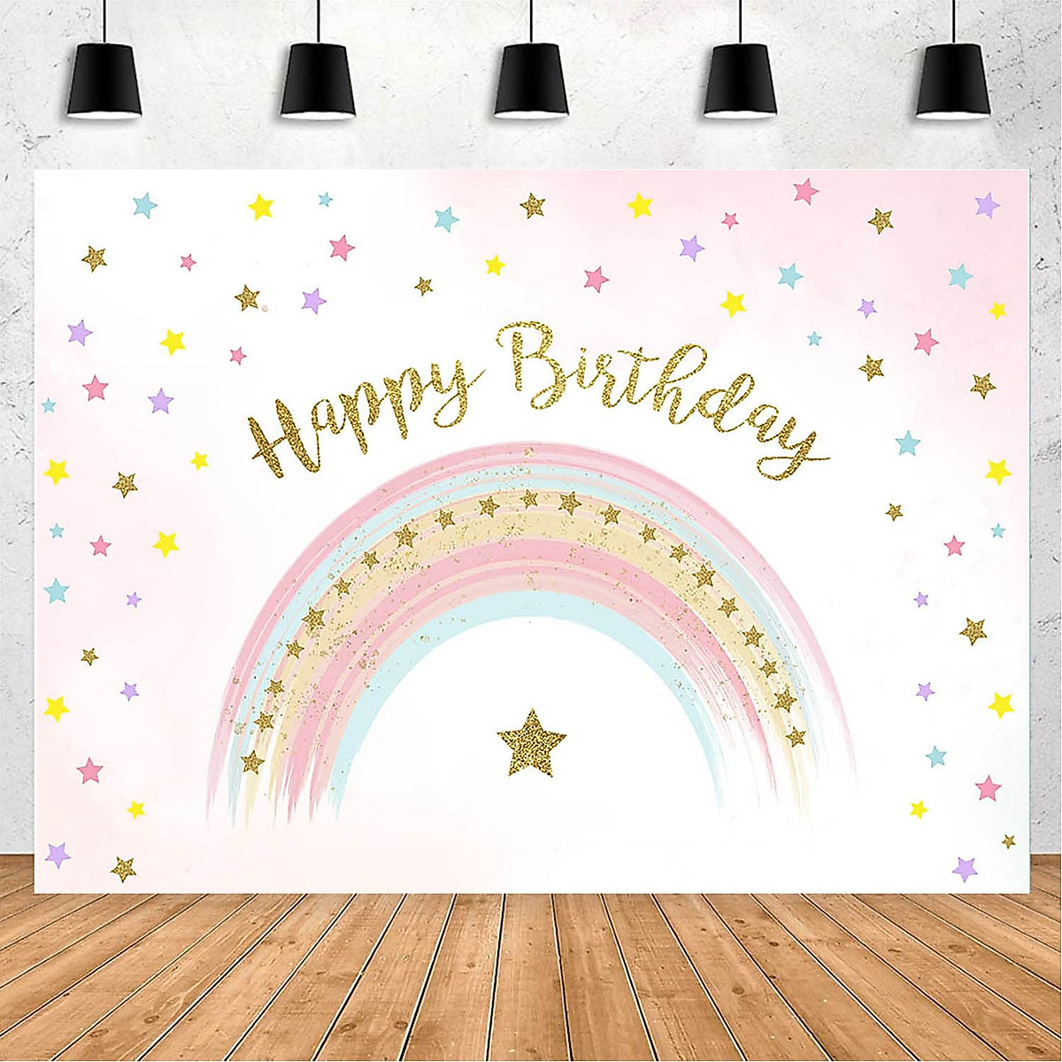MAYSSKQ Rainbow Birthday Backdrop Colorful Pastel Rainbow Party Background Rainbow of Fun Gold Stars Sprinkle Girl Birthday Backdrops Decorations (7x5ft)
