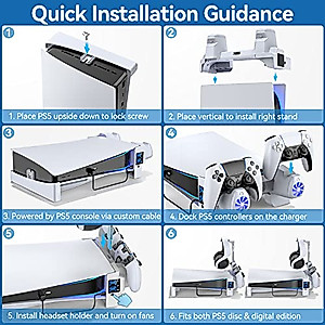 PS5 Horizontal Stand with 3-Level Cooling Fans for Playstation 5 Console, PS5 Accessories Controller Charging Station Fit for PS5 Edge Controller, PS5 Cooling Station with Headset Holder