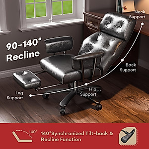 SeekFancy Reclining Office Chair with Footrest, Big and Tall Office Chair 400lbs Wide Seat, Leather High Back Executive Office Chair, Ergonomic Vintage Desk Chair, Heavy Duty Black Computer Chair