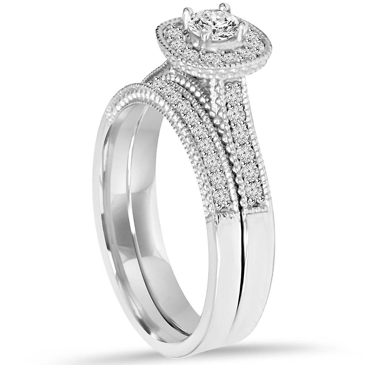 P3 POMPEII3 5/8Ct Diamond Bridal Vintage Engagement Ring Set 10K White Gold - Size 4.5