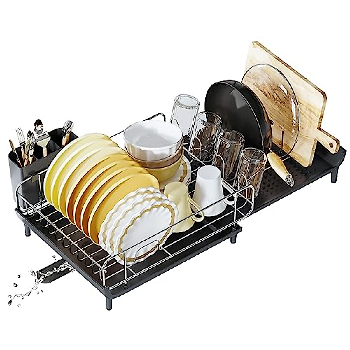 Fixwal Large Dish Drying Rack, Dish Rack for Kitchen Counter, Expandable Stainless Steel Dish Drainers, Kitchen Gadgets with Utensil Holder & Drainboard for Various Kitchenware