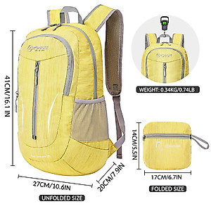 ZOMAKE 25L Ultra Lightweight Packable Backpack, Foldable Hiking Backpacks Water Resistant Small Folding Daypack for Travel(Yellow)