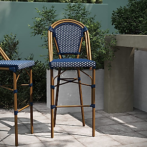 EMMA + OLIVER Soie Bistro Bar Stool - Stacking Indoor/Outdoor PE Rattan Bar Stool with Bamboo Finish Frame - 30" High - Set of Two - Navy/White