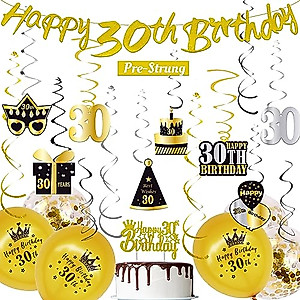 WOJOGO 30th Birthday Decorations for Him, Gold Black 30 Birthday Decorations for Women Men, Happy 30th Birthday Banner Hanging Swirls Birthday Cake Topper Balloons Decor Kit for Party Supplies