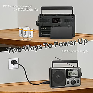 Greadio Portable Shortwave Radio,AM FM Transistor Radio with Best Reception,LCD Display,Time Setting,Battery Operated by 4 D Cell Batteries or AC Power,Big Speaker,Earphone Jack for Gift,Elder,Home