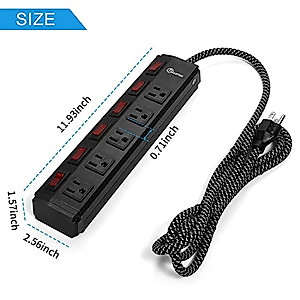 Power Strip Surge Protector 5 outlets Metal Heavy Duty Extension Cord 6 ft,5 Independent switches with one Master Switch, SGS Certified，Black…