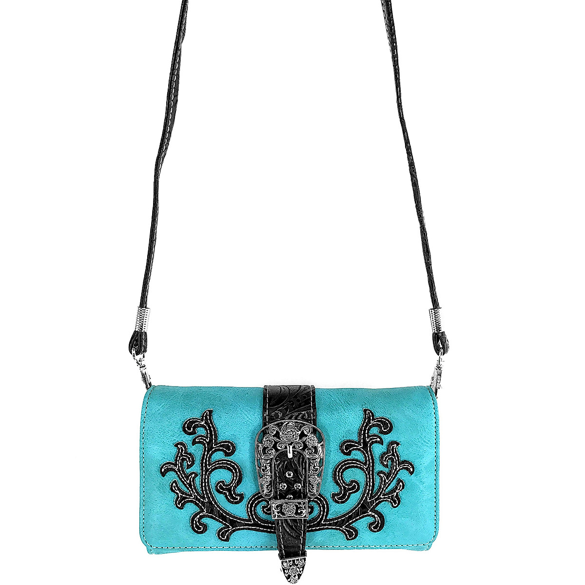 Justin West Tooled Laser Cut Leather Floral Embroidery Rhinestone Buckle Studded Shoulder Concealed Carry Tote Style Handbag Purse (Turquoise Purse and Wallet Set)