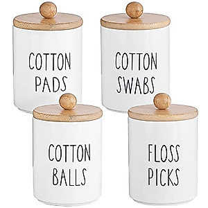Mkono 4 Pack Qtip Holder Dispenser with Bamboo Lids, Ceramic Apothecary Jars for Bathroom Storage Canister, Vanity Makeup Organizer, Bathroom Accessories Set for Cotton Balls, Swabs, Pads, Floss