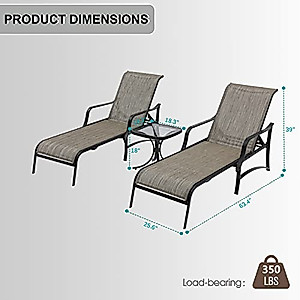 TOP HOME SPACE 3-Piece Patio Chaise Lounge Chair Set Metal Adjustable Back Textilene Outdoor Lounger with Glass Top Bistro Table for Porch Backyard Garden - Taupe Brown Grey