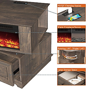 REDAYFUR Rotating End Table with 13" Electric Fireplace Screens, Side Table with Fast Charging Station, 1400W Fireplace End Table with Storage, Wooden Side Table for Living Room, Bedroom, Office