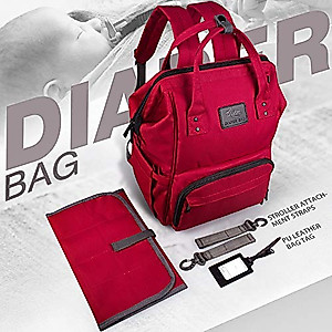 Qipi Diaper Bag - Spacious & Smart Multi-Function Nappy Bag w/ Changing Pad - Ruby Red