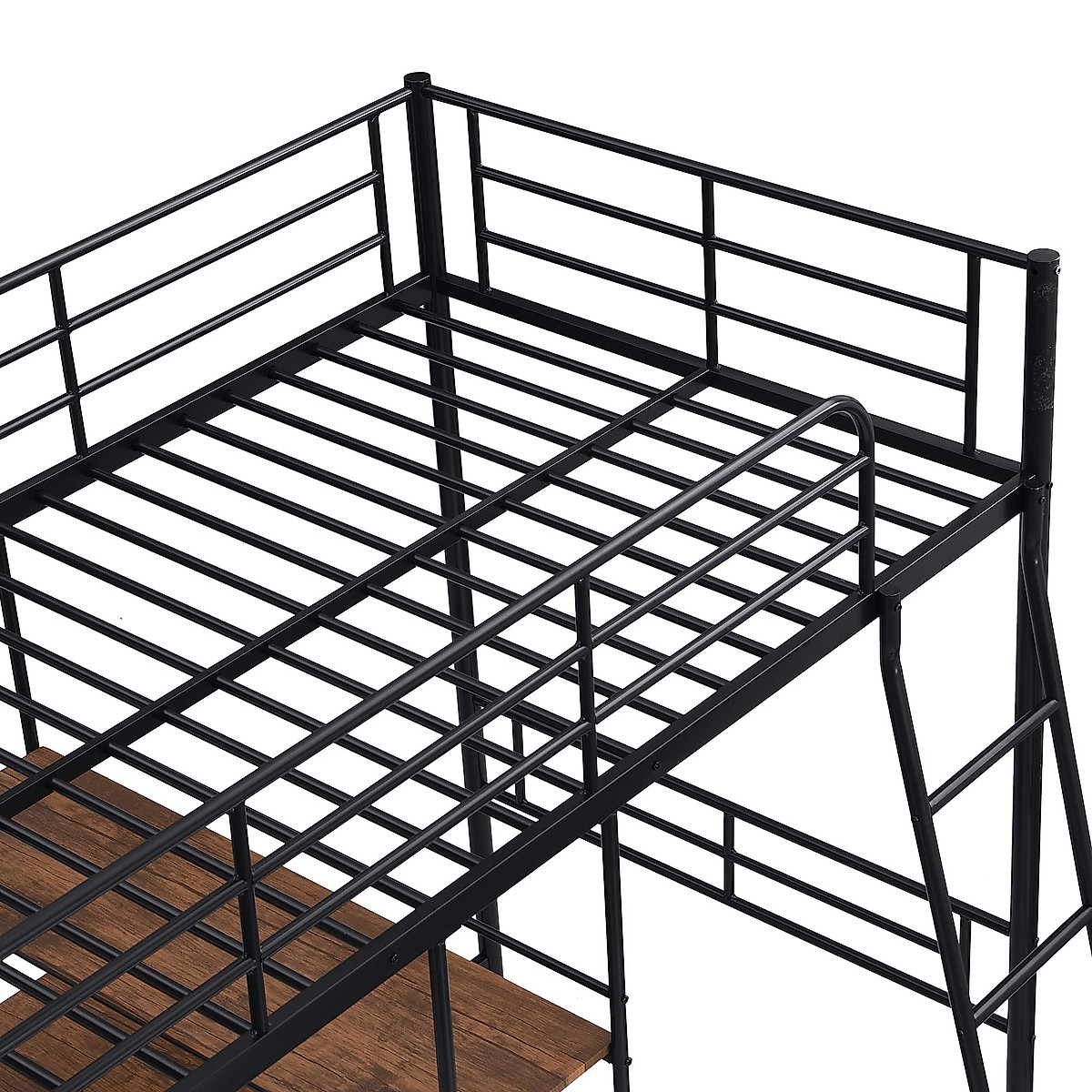 P PURLOVE Twin Size Metal Loft Bed with Desk for Kids,Girls,Boys,Twin High Loft Bed with Storage Shelves and Built in Ladder for Living Room,No Box Spring Needed,Black