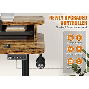 Flycity Electric Standing Desk with Dual Monitor Stand, Height Adjustable Desk Sit Stand Desk with Memory Controller, Casters & 2 Hooks, Low Noise Home Office Desk (Rustic Brown, 48" x 24")