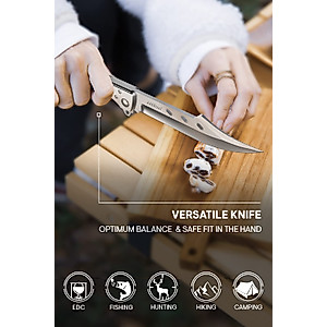 Long Blade Folding Knife - Sharp Hunting Hiking Camping Tactical Survival Work Knives for Men Women - Foldable Large Knife with Rosewood Handle - Fits any Knife Sharpener - Father s Day Gifts 4172