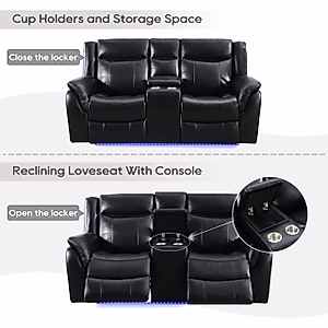 Power Loveseat Recliner Couch with console, Faux Leather Reclining Dual Recliners with LED Lights, Comfort Stretch Love Seat Recliner Sofa, Movie RV Theater Seating Chairs for Living Room, Home, Black