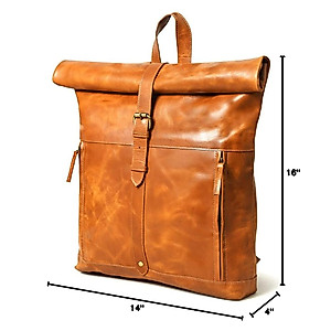 Gratlin Buffalo Leather Roll On Laptop Backpack 16 Inches | Vintage Genuine Leather Rucksack Backpack for Men & Women | Best Full Grain Tan Leather Backpacks Book Bag Knapsack for Travel Hiking Use