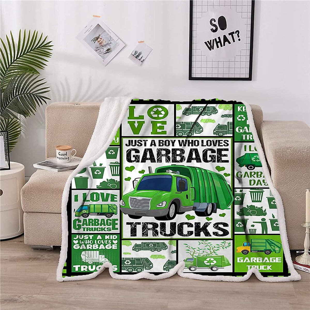 Just A Boy Who Loves Garbage Trucks Blanket, I Love Garbage Trucks Gifts Blanket for Boys Kids, Soft Cozy Warm Lightweight Throw Blanket for Living Room Couch Bed Sofa 60”x50”