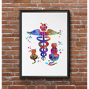 Dignovel Studios 8X10 Unframed Veterinary Caduceus Animal Clinic Pet Watercolor Art Print Poster Housewarming Wall Art Giclee Office Home Decor DN539