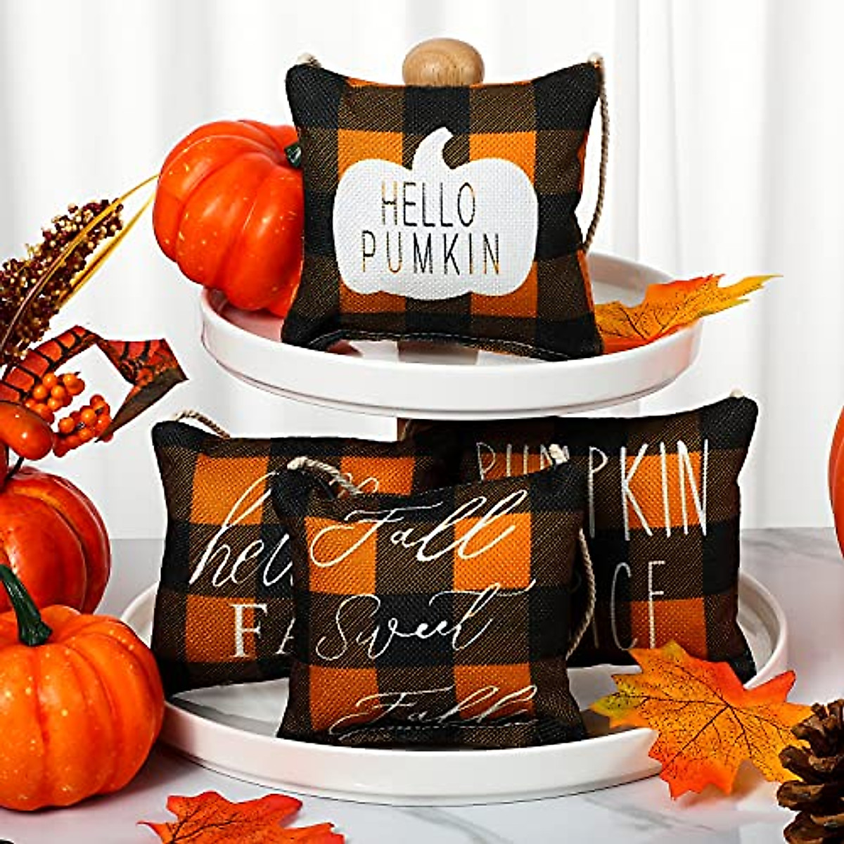 4 Pieces Christmas Mini Pillows Decorations Buffalo Plaid Pillow Plaid Mini Throw Pillow Tiered Tray Decor Home Living Room Bedroom Thanksgiving Party Fall Decor for Tiered Tray(Orange and Black)