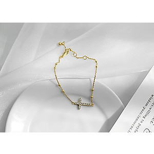 AKISSEYE Cross Bracelet for Women Girls CZ, 14K Gold Plated Sideways Cross Bracelet with Faith, Stainless Steel Religious Cross Bracelet Length Adjustable