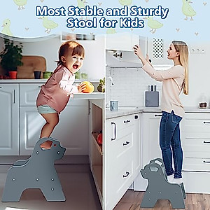 Jemyda 2 Step Stool for Kids, Toddler Step Stool for Bathroom Sink, Non-Slip Kid Stool for Toilet Potty Training, Durable Sturdy Step Stool for Kitchen (Grey Dog)