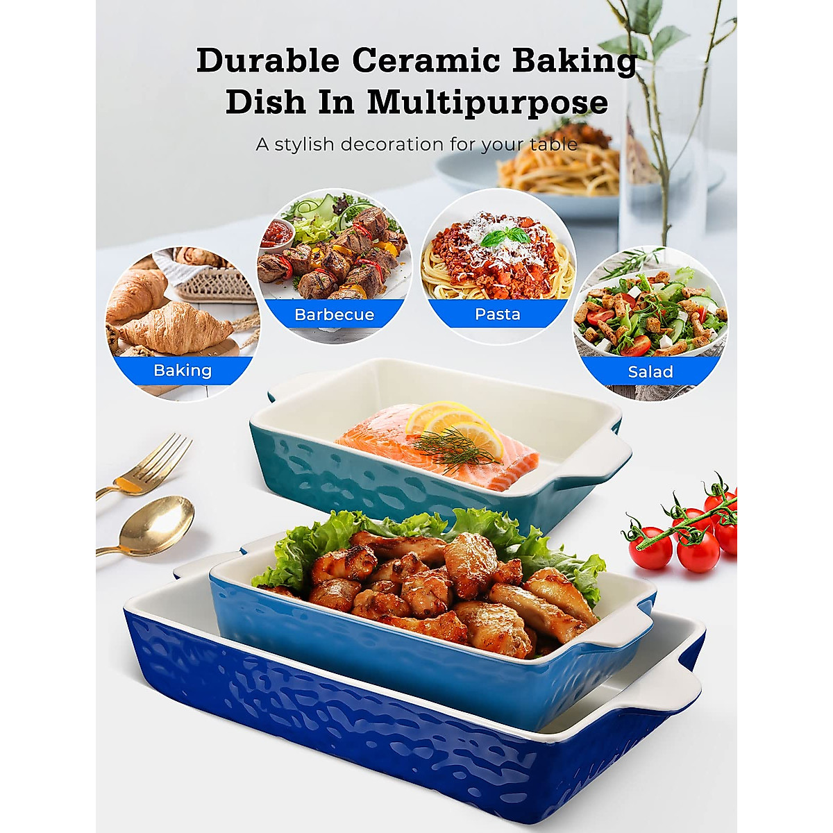 3Pack Ceramic Baking Dish for Oven Large Casserole Baking Dish with Handles Packaging Upgrade Nonstick Ceramic Bakeware for Cooking, Cakes, Lasagna & Gift, Blue