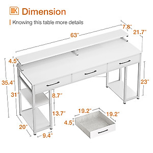 ODK Computer Desk with Drawers and Storage Shelves, 63 inch Home Office Desk with Monitor Stand, Modern Work Study Writing Table Desk for Small Spaces, White + White leg