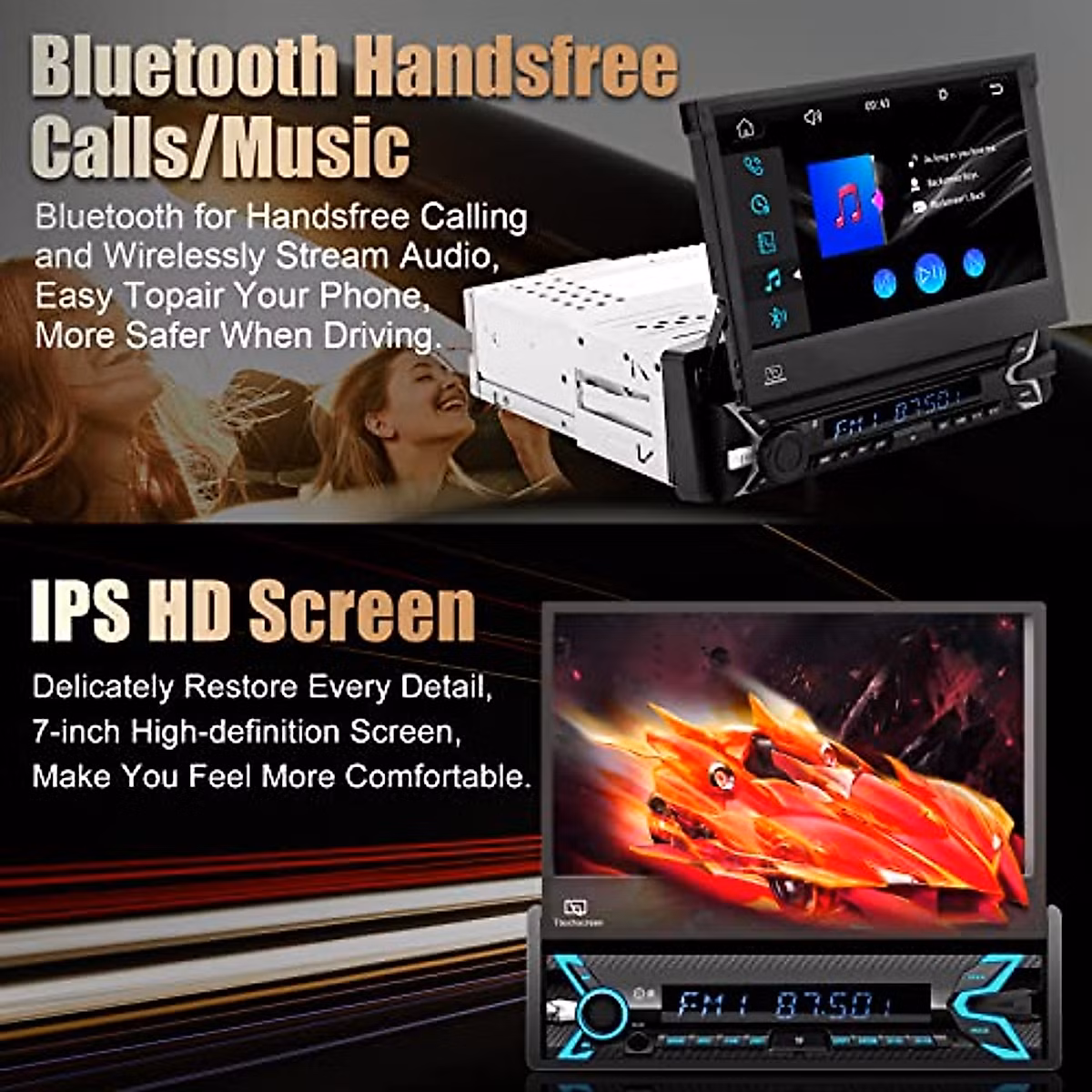 Single Din Car Stereo Player Compatible with Apple Carplay & Android Auto–7 Inch Flip Out Touchscreen Car Radio with Bluetooth| Mirror Link| Backup Camera| USB/SD/AUX Input| AM FM| Subwoofer| DSP