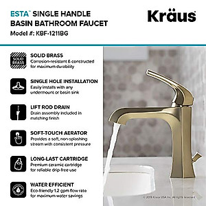 KRAUS Esta Single Handle Basin Bathroom Faucet with Lift Rod Drain in Brushed Gold, KBF-1211BG