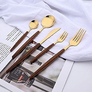 Uniturcky 20-Piece Silverware Set for 4, Stainless Steel Flatware Tableware Set, Mirror Polished Tableware Cutlery Set for Family Kitchen Restaurant, Faux Wooden Handle, Dishwasher Safe(Gold & Brown)