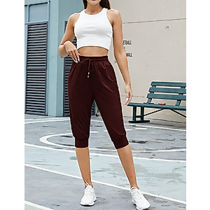 Syhood 2 Pack Women Capri Sweatpants Women's Drawstring Capris Casual Cropped Jogger Pants with Pockets (Black, Burgundy, XX-Large)