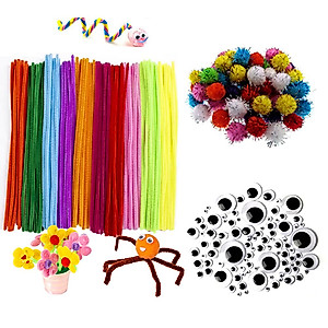 1200 Pcs Christmas Pipe Cleaners Craft Set, BetterJonny 10 Colors 200 Pcs Chenille Stems Pipe Cleaners, 200 Pcs Pom Poms & 800 Pcs Googly Eyes for Schools or kindergartens DIY Crafting Supplies