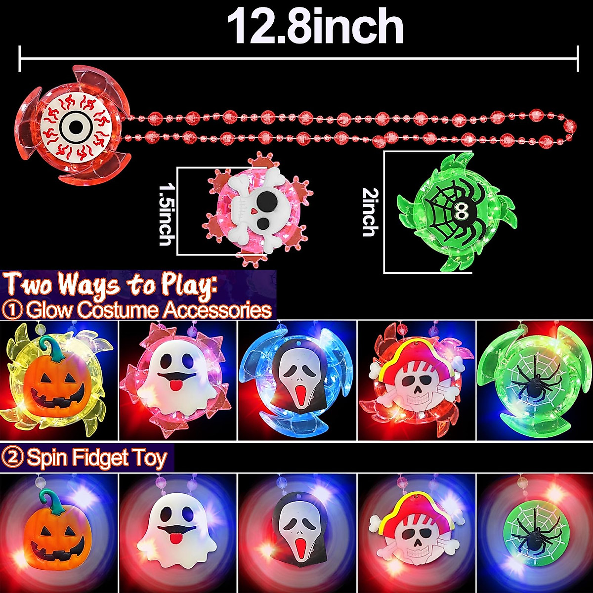 [ Rotating Fidget ] 15 Pack Halloween Spin LED Necklaces Toys Party Favors Toys for Kids 15 Styles Spider Ghost Halloween Light Up Trick or Treat Toys Goodie Bag Filler Glow in The Dark Party Supplies
