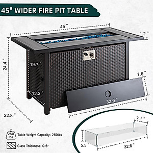 SUNLEI 45" Propane Fire Pit, Outdoor Fire Pit Tables Rectangular Tabletop with Lid and Blue Fire Glass, 50000 BTU Glass Wind Guard and Tables for Outside Patio, Backyard…