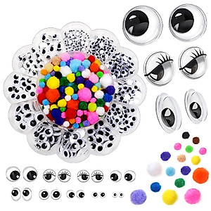 TOAOB 600pcs Wiggle Googly Eyes Self Adhesive for Craft Sticker Eyes 4mm to 12mm Assorted Sizes and Colors Round Plastic Crafts Eyes with Pom Poms for DIY Arts Crafts Scrapbooking