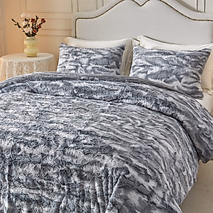 Jameswish Faux Fur Duvet Cover Set Ultra Soft Marbled Ivory Comforter Cover Set Luxury Fluffy Plush Fuzzy 3 Pieces Bedding Set(1Comforter+2 Pillowcases) (Queen Size,Ivory White)
