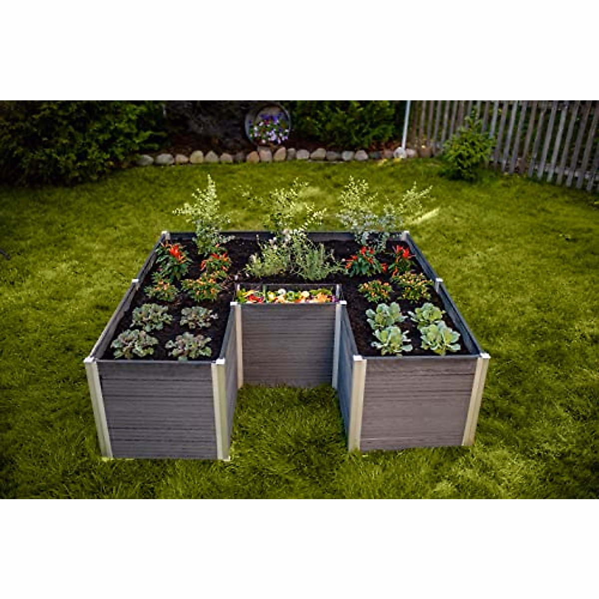 Vita Urbana 6 Foot x 6 Foot Embossed Vinyl Keyhole Garden with Composting Basket, Slate Grey, Gray, Woodgrain, PVC, BPA and Pthalate Free, VT17607