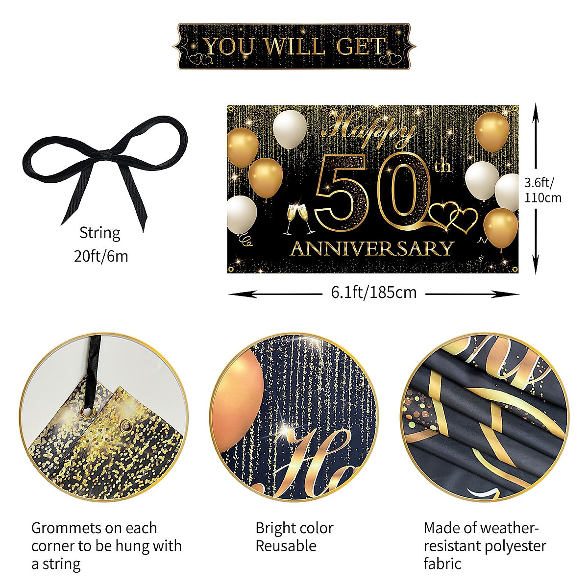 HTDZZI Golden 50th Wedding Anniversary Decorations, Happy 50th Anniversary Banner Backdrop, 50 Year Wedding Anniversary Party Decorations Yard Sign Photo Props Decor Supplies for Outdoor Indoor