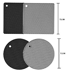 Silicone Trivet Mats, Pot Pads Silicone Pot Holders for Hot Pan Heat Resistant and Anti Slip, Easy to wash and Dry, 8 Pack Black & Gray(4 Squared + 4 Round Mats)