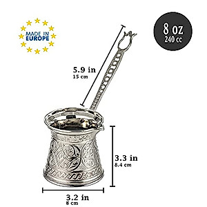 Turkish Coffee Pot, Moka Pot, Espresso Maker for the Stove Top, Camping Coffee Pot, Handmade Greek Arabic Coffee Warmer Cezve with Brass Handle, Stainless Steel Inside (Small 8 oz, Silver)