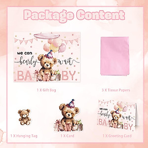 16" Large Baby Girl Gift Bag, 3D Making Pink Bear Baby Gift Bag with Handle, Tissue Paper and Greeting Card