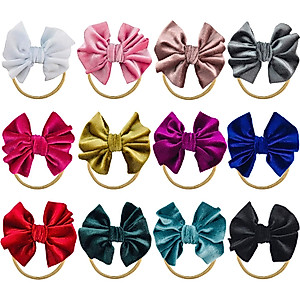 12 Pack Knot Velvet Bowknot Hair Bows Slim Skinny Thin Elastic Stretchy Super Soft Nude Nylon Headband Hairband Head Wraps Holder Accessories for Kids Toddler Infant Newborn Baby Girl Bulk