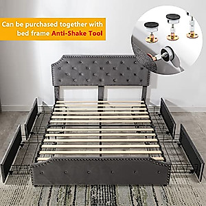 ANJ Queen Bed Frame with 4 Drawers, Adjustable Button Tufted Headboard, Velvet Upholstered Platform Bed with Easy-Assembly Wood slats, Fits 6" to 12" Mattress, Queen Size, Grey
