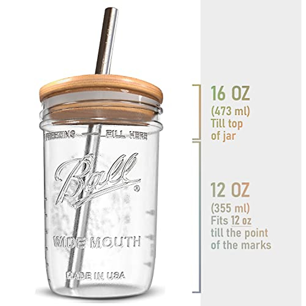 Reusable Boba Bubble Tea & Smoothie Cups - 2 Glass Wide Mouth 16oz Mason Jars with Bamboo Lids - 2 Reusable Silver Stainless Steel Boba Straws